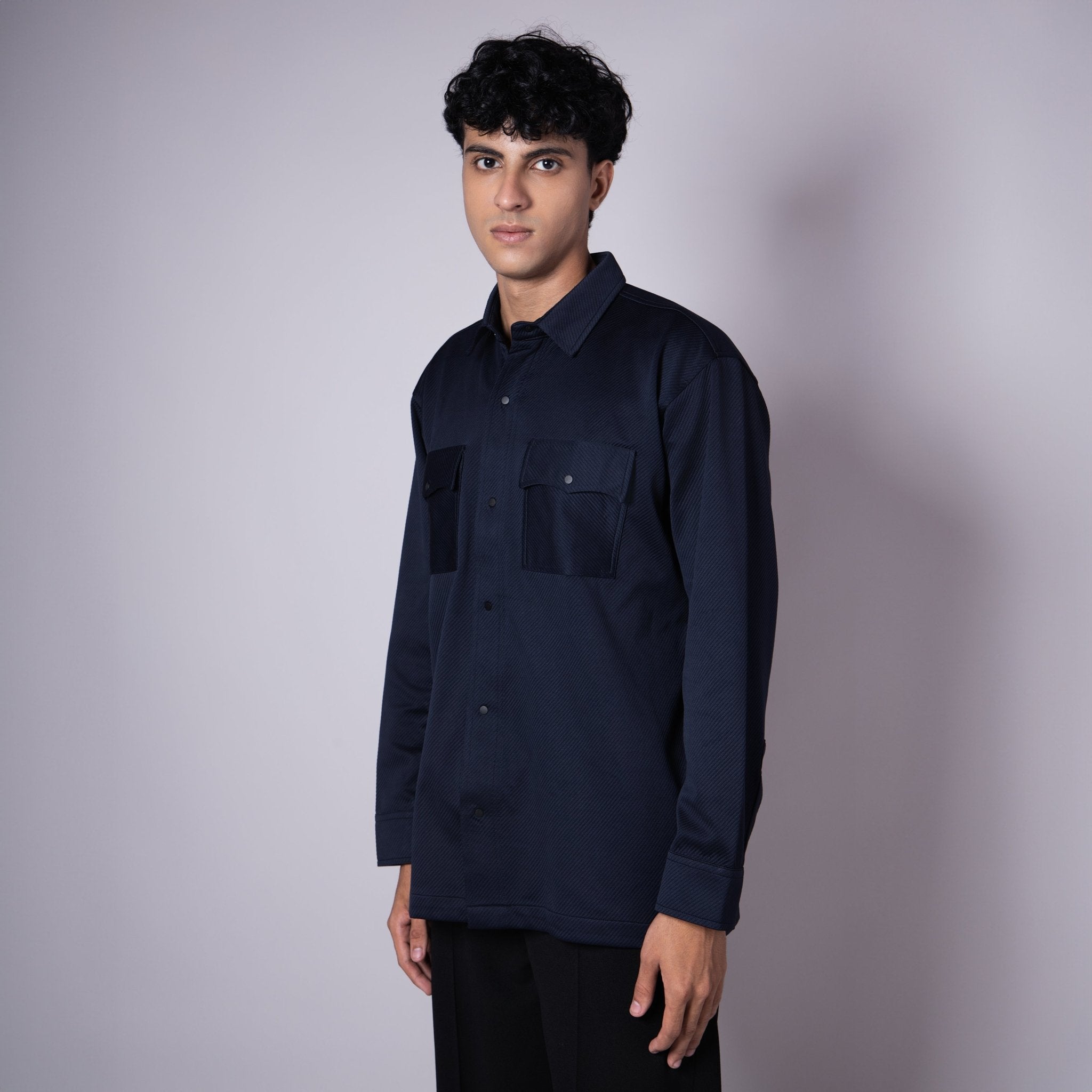 NAVY BLUE DOUBLE POCKET TEXTURED SHACKETS – Hophead